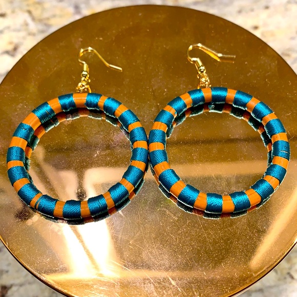 Jewelry | Turquoise Tan Striped Hoop Earrings | Poshmark